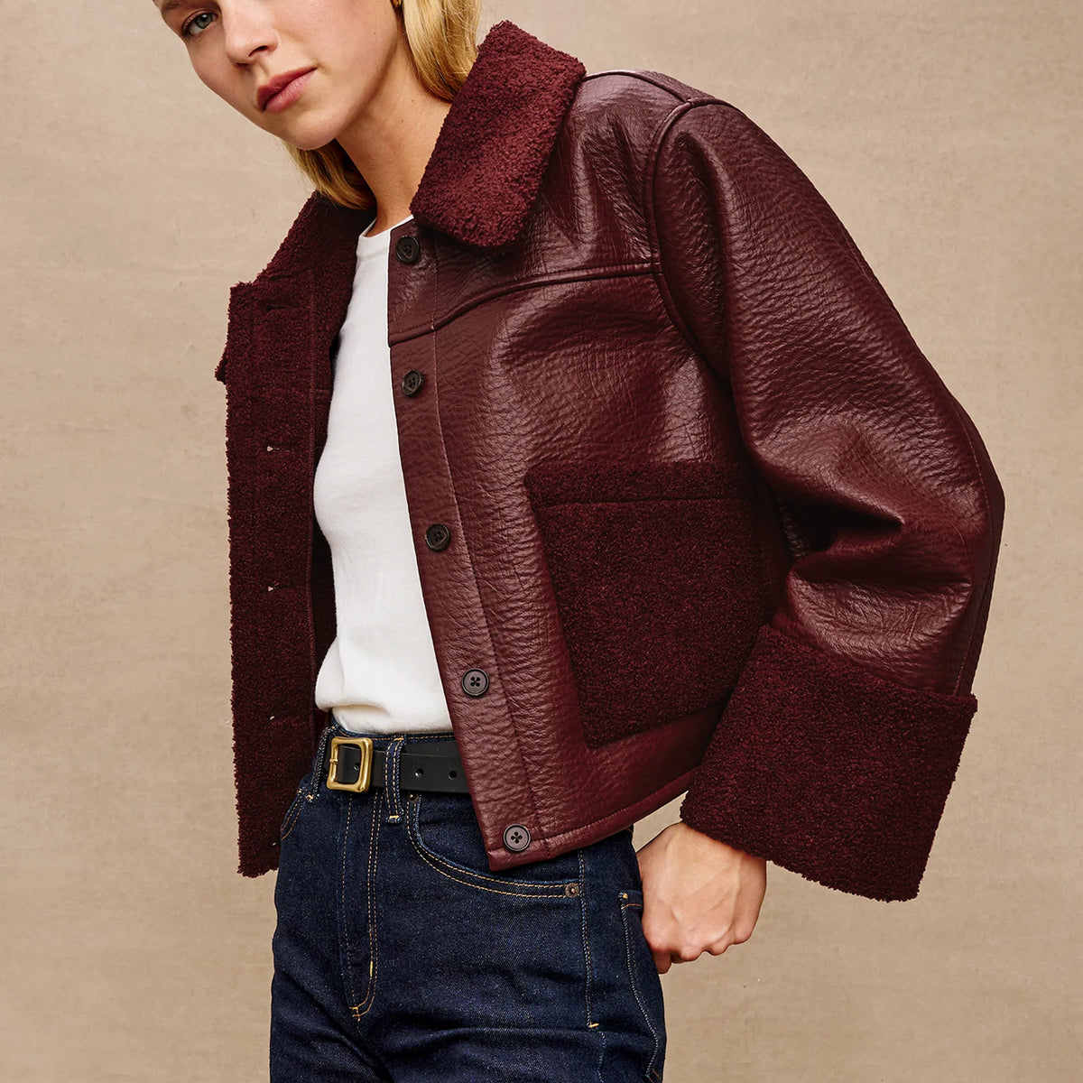 Dria Jacket in Maroon Shearling – Threads